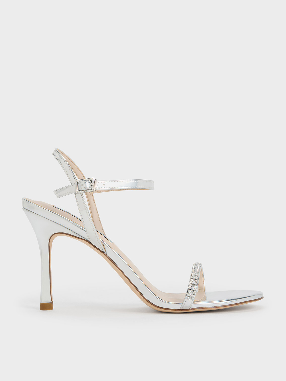 Silver Ambrosia Metallic Gem-Embellished Ankle-Strap Pumps - CHARLES & KEITH ZA