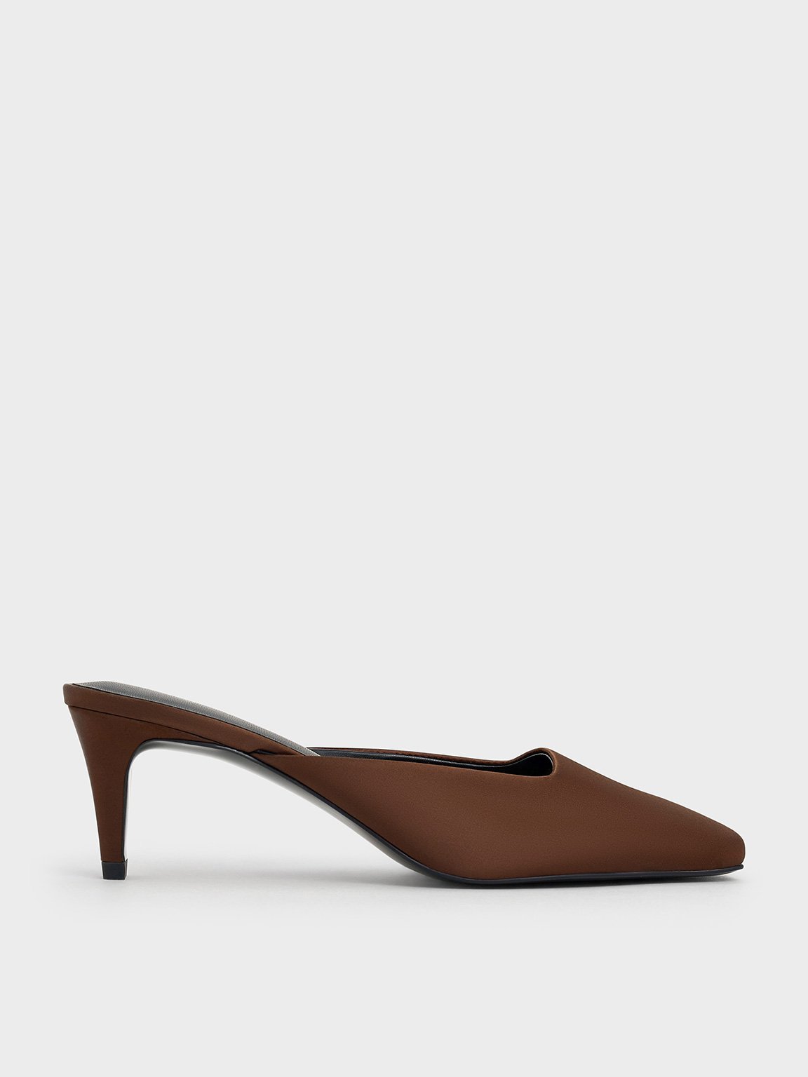 Dark Brown Satin Square-Toe Blade-Heel Mules - CHARLES & KEITH SG