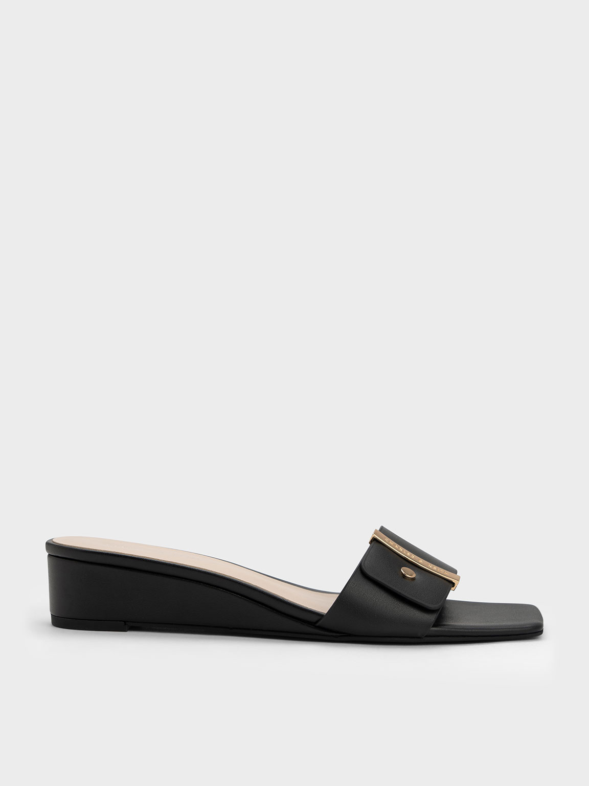 Black Metallic Accent Square-Toe Wedges - CHARLES & KEITH International