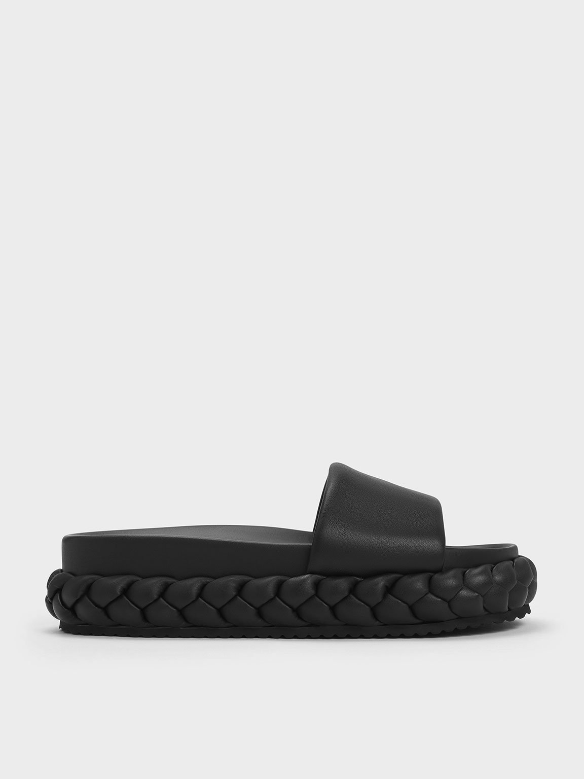 Black Tali Leather Braided Slides - CHARLES & KEITH International