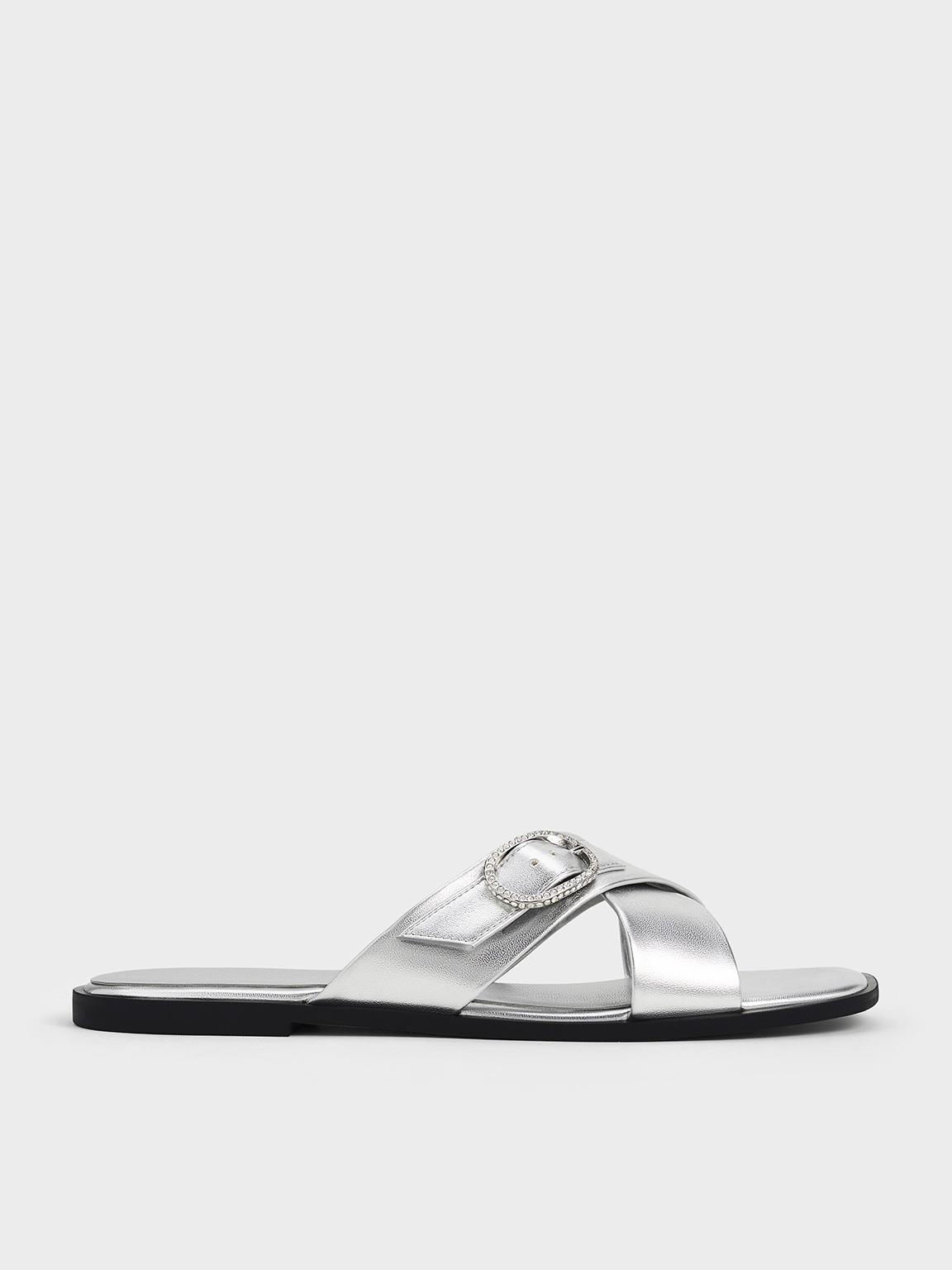 Silver Metallic Crystal-Buckle Crossover-Strap Sandals - CHARLES & KEITH BR