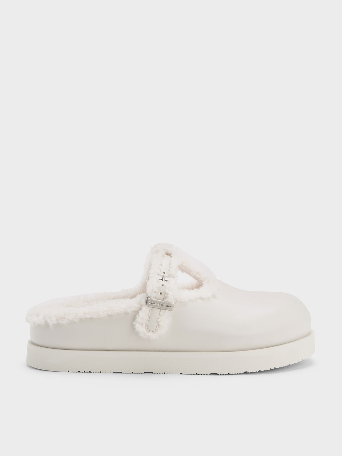Chalk Fur-Trim Buckled Mules - CHARLES & KEITH MO
