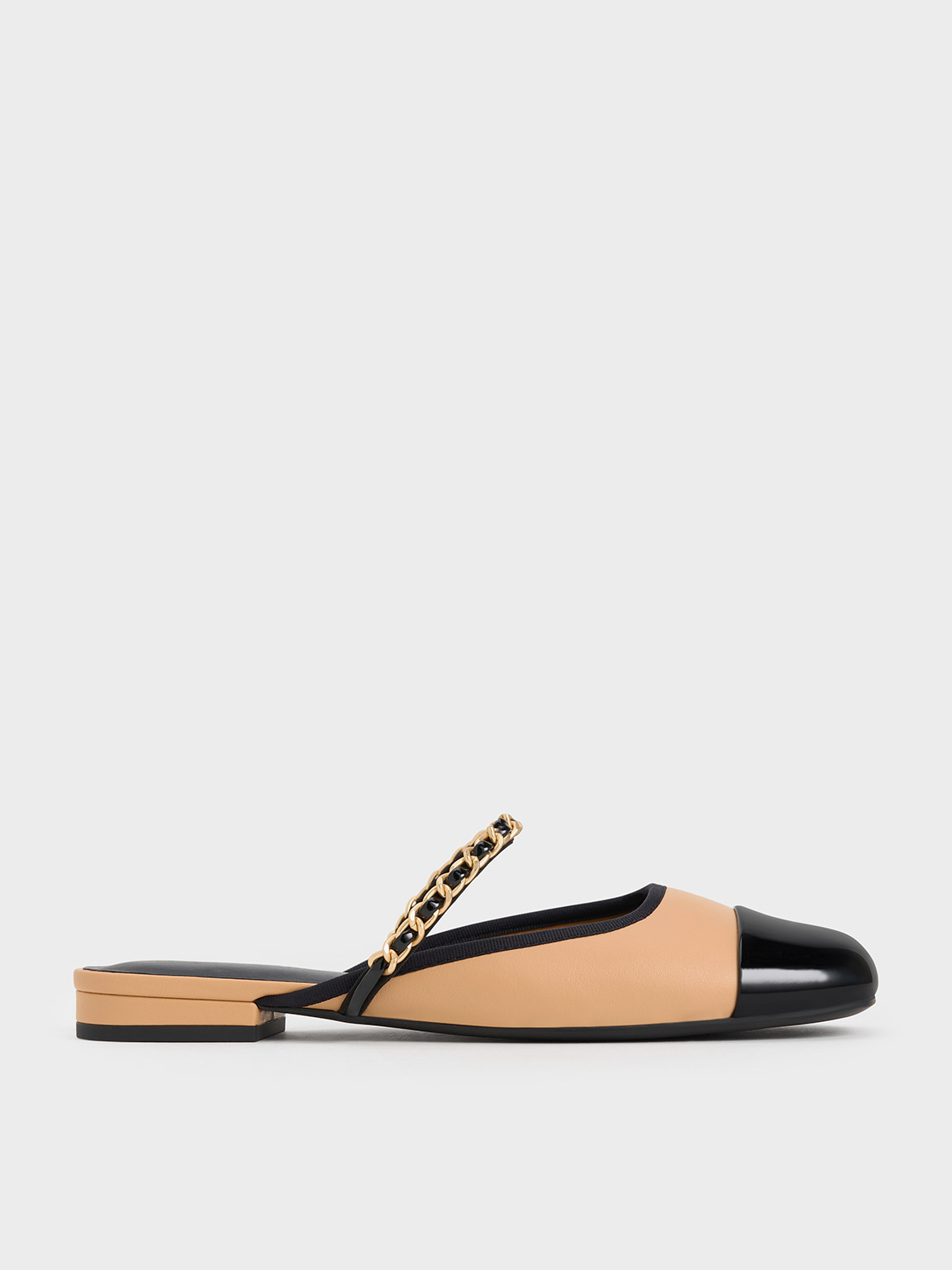 Beige Patent Two-Tone Chain-Strap Mules - CHARLES & KEITH International
