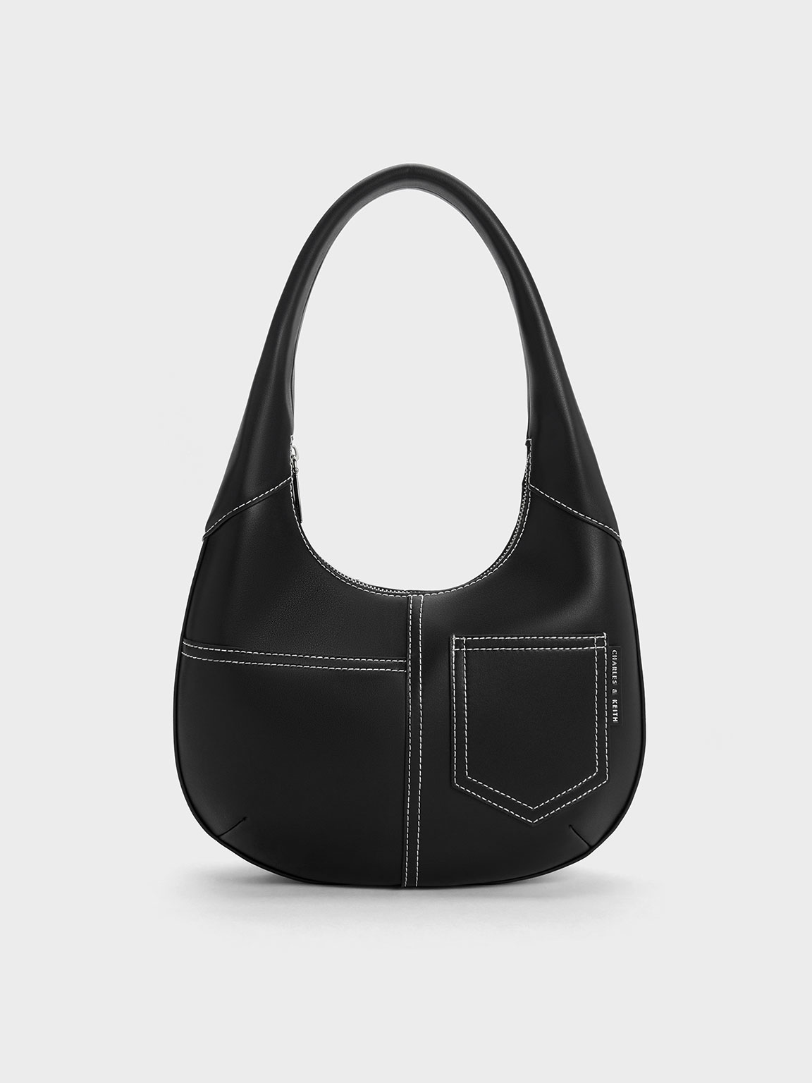 Black Anthea Contrast-Trim Curved Hobo Bag - CHARLES & KEITH MO