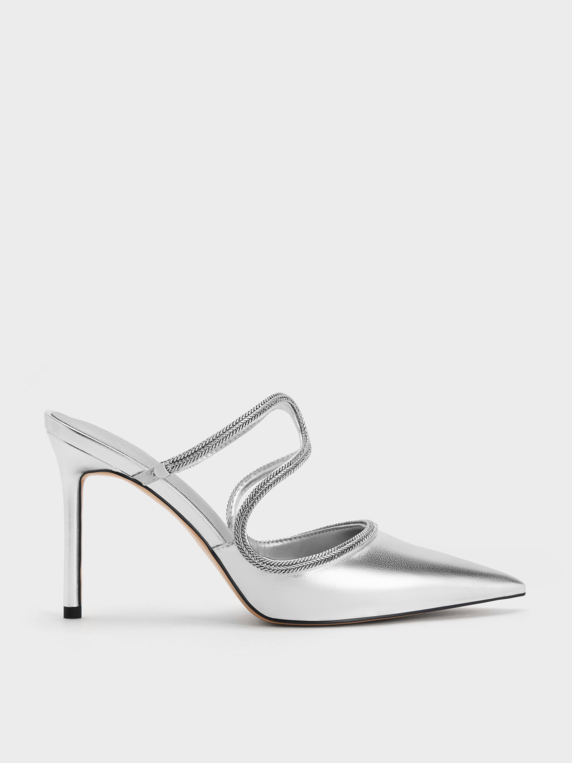 Silver Metallic Braided-Strap Stiletto-Heel Mules - CHARLES & KEITH AU