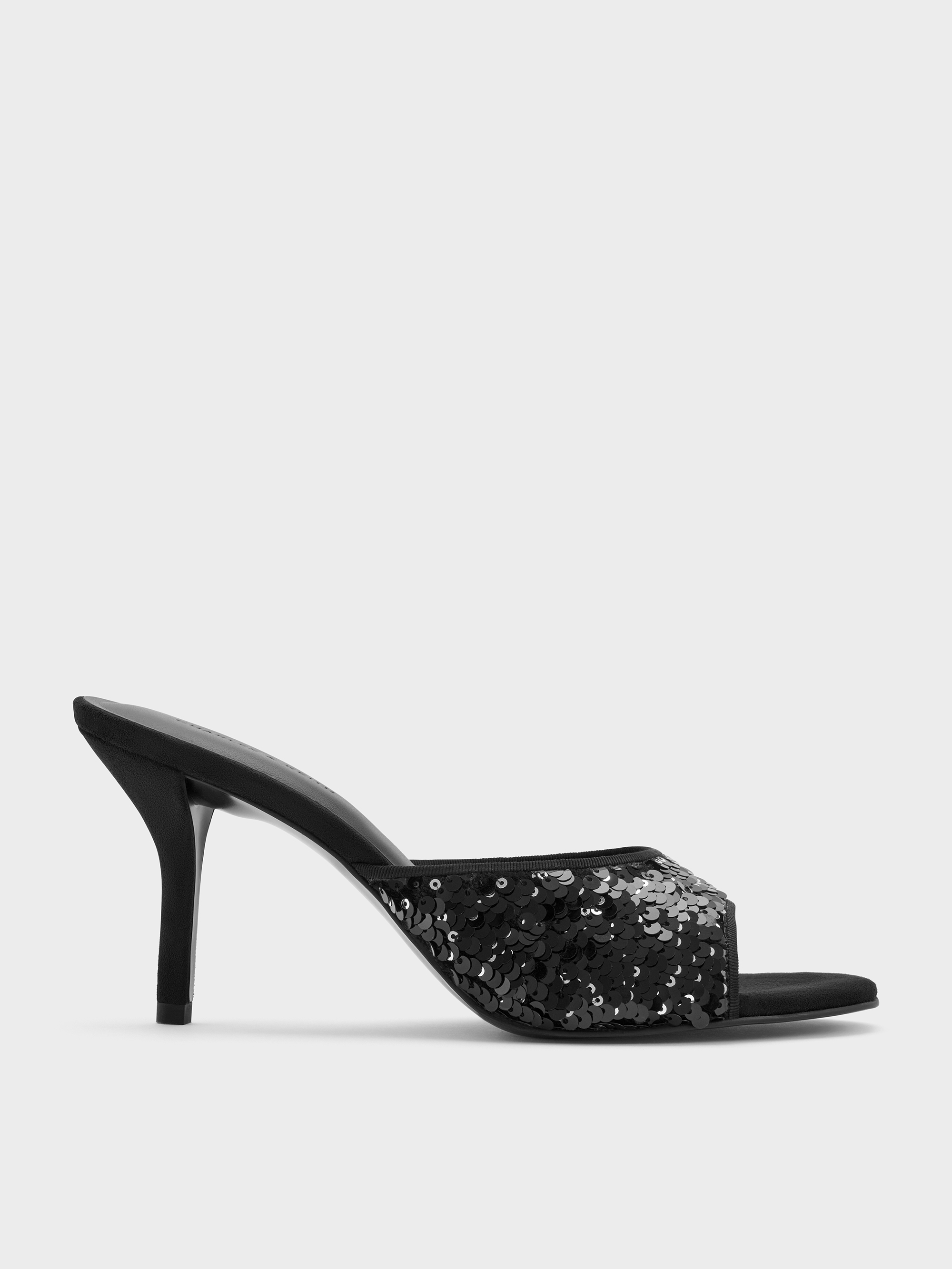 Sequinned Stiletto Heel Mules Black Textured Charles And Keith Sg 1550