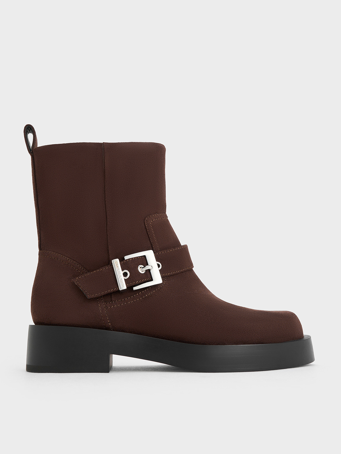 Charles & Keith - Faux Suede Buckle-strap Biker Boots In Dark Brown ...