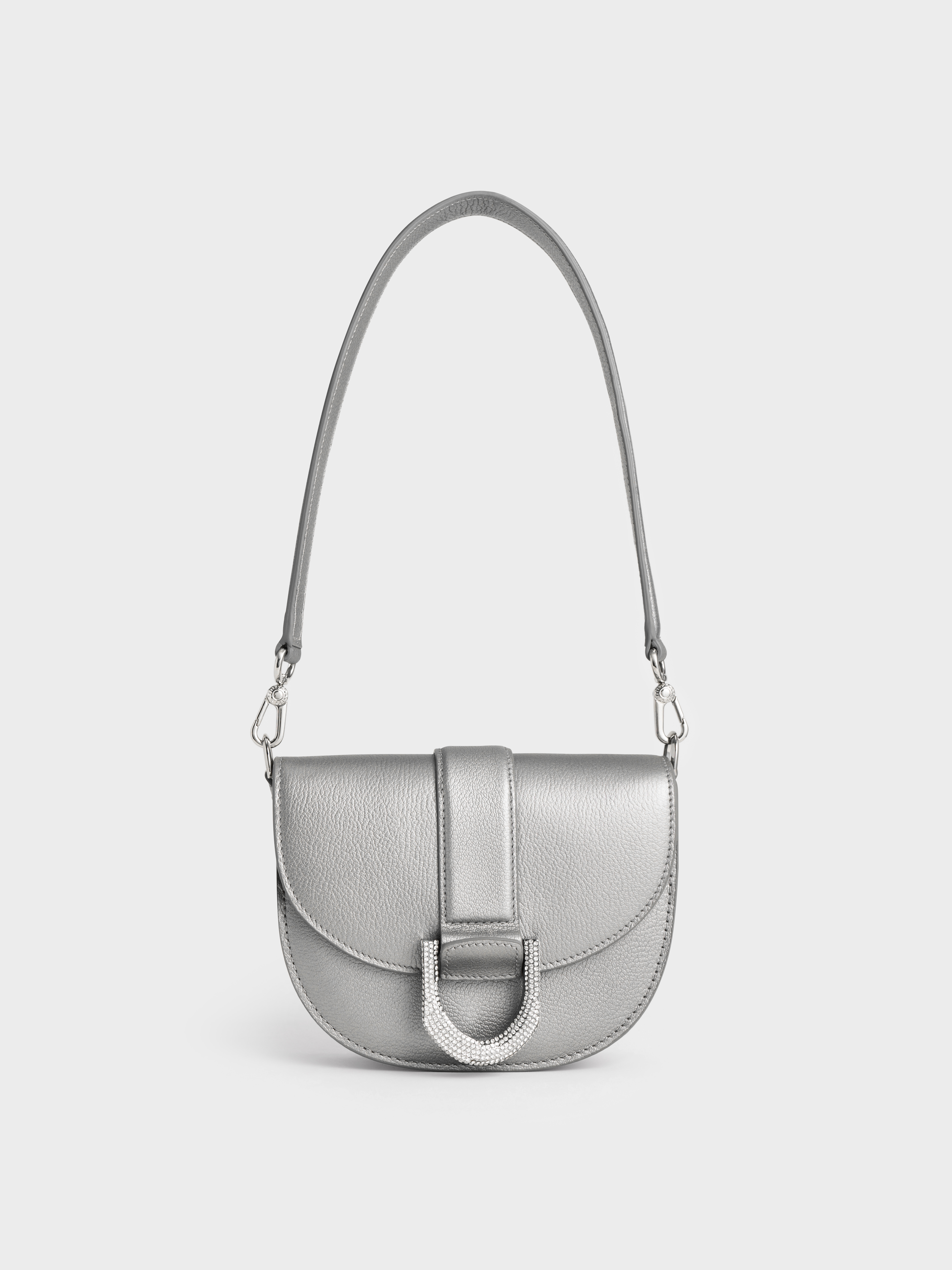 Pewter Mini Gabine Leather Saddle Bag - CHARLES & KEITH AR