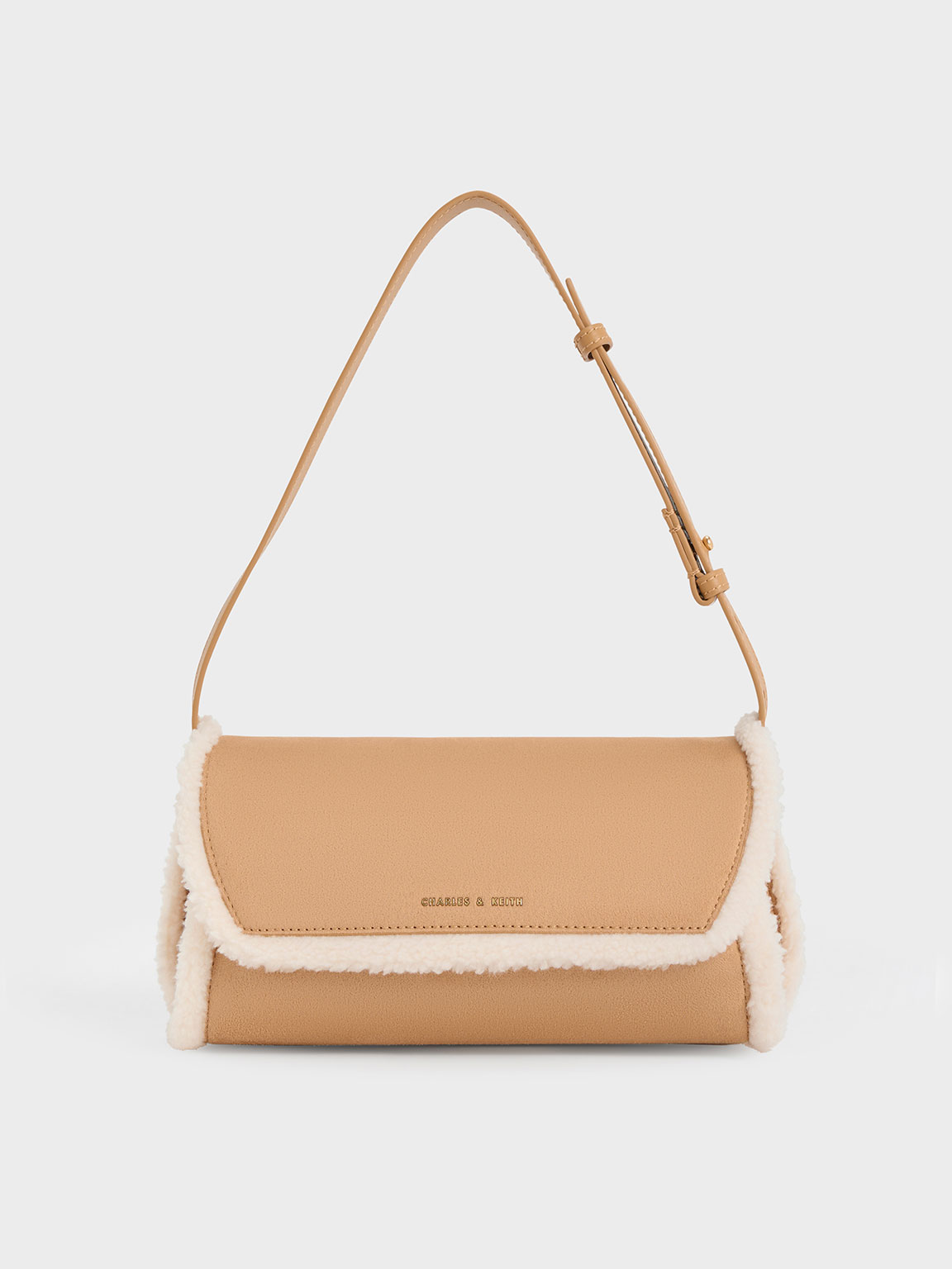 Camel Cassiopeia Textured Fur-Trim Shoulder Bag - CHARLES & KEITH MX