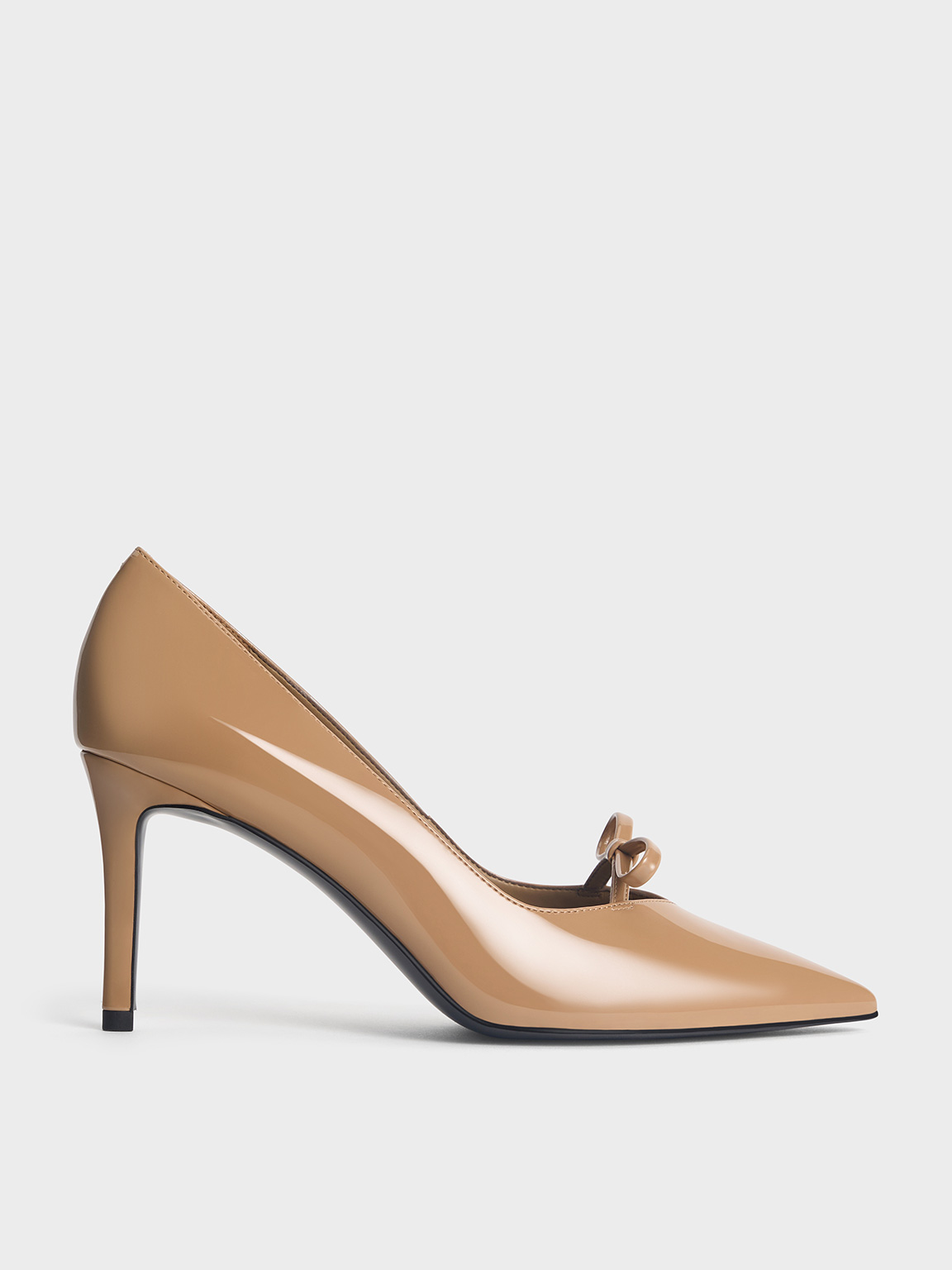 Caramel Patent Bow Pointed-Toe Stiletto-Heel Pumps - CHARLES & KEITH ...