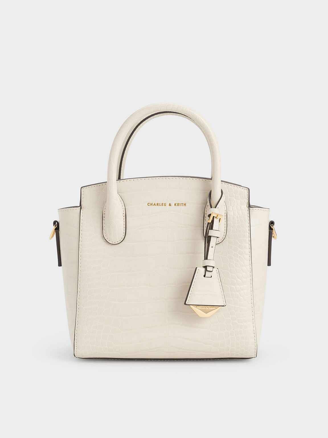 Ivory Croc-Effect Trapeze Tote Bag - CHARLES & KEITH IL