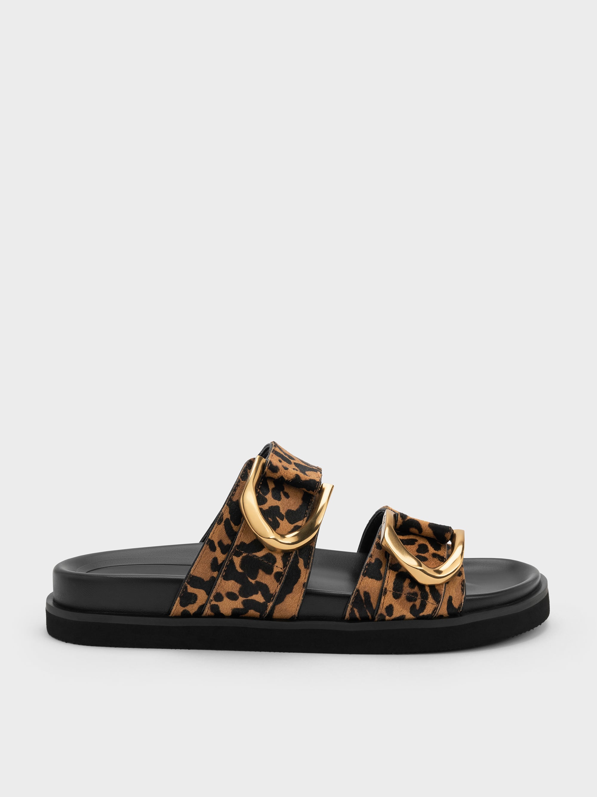 Gabine Leopard-Print Gold-Buckle Leather Slides - Animal Print Brown ...