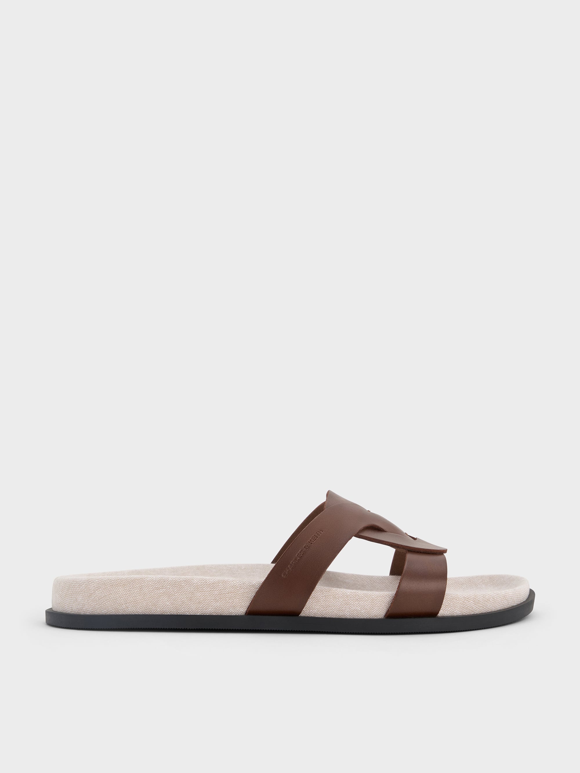 Fannie Linen Interwoven Slide Sandals - Dark Brown - CHARLES & KEITH SG