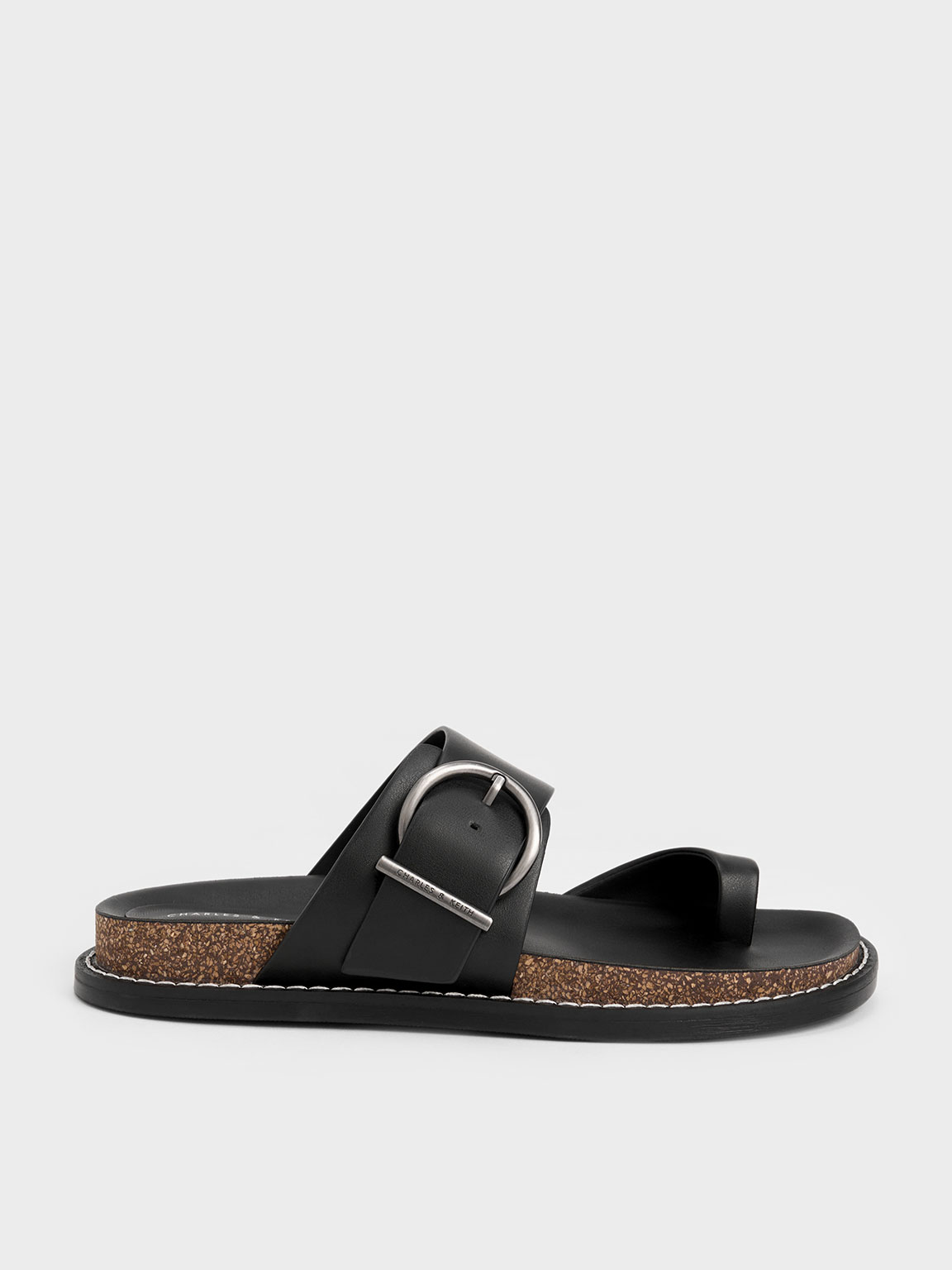 Black Metallic Buckle Toe-Ring Sandals - CHARLES & KEITH BR