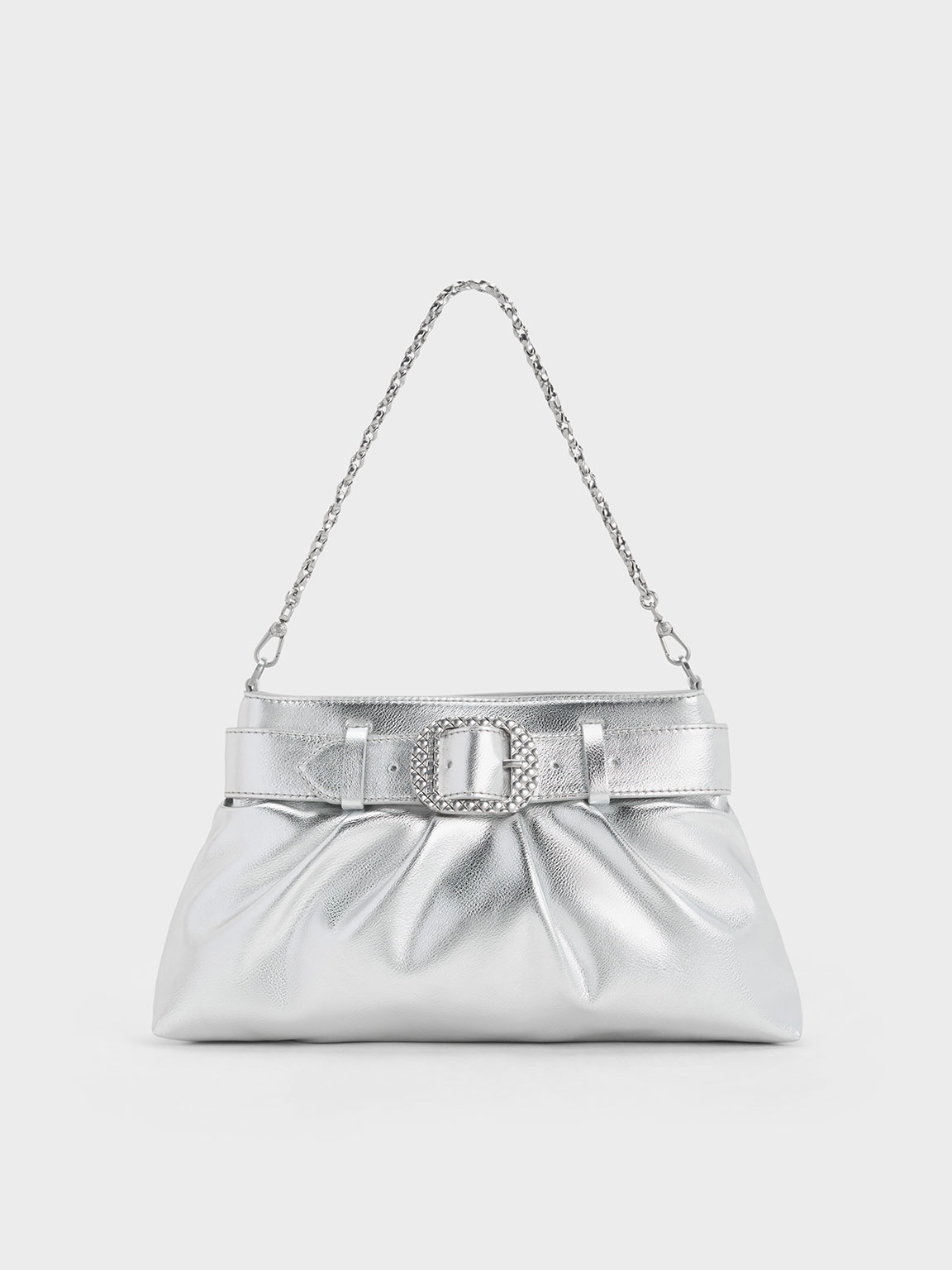 Silver Avis Metallic Belted Ruched Shoulder Bag - CHARLES & KEITH OM