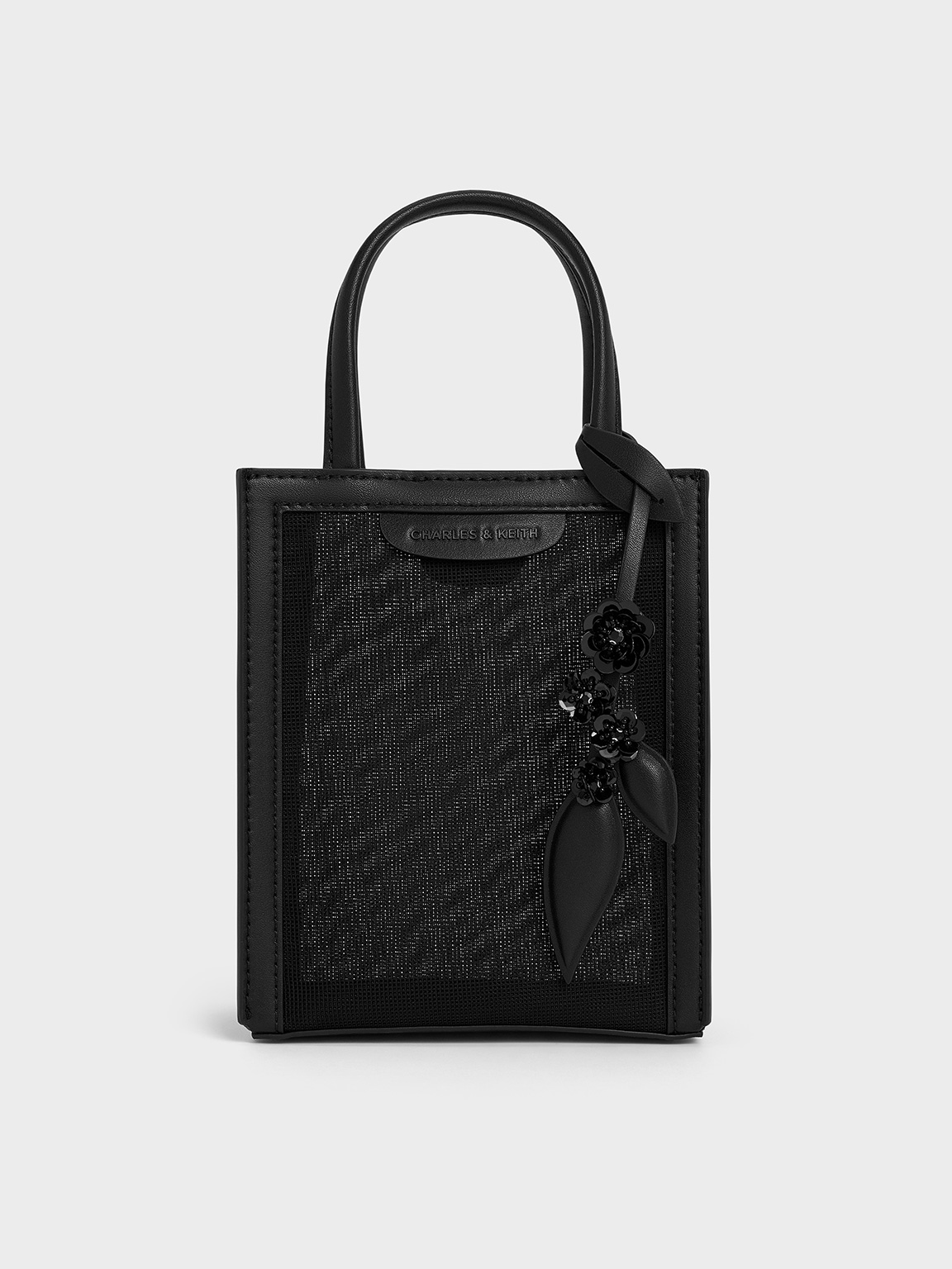 Jet Black Mesh Sequin-Flower Elongated Tote Bag - CHARLES & KEITH ...