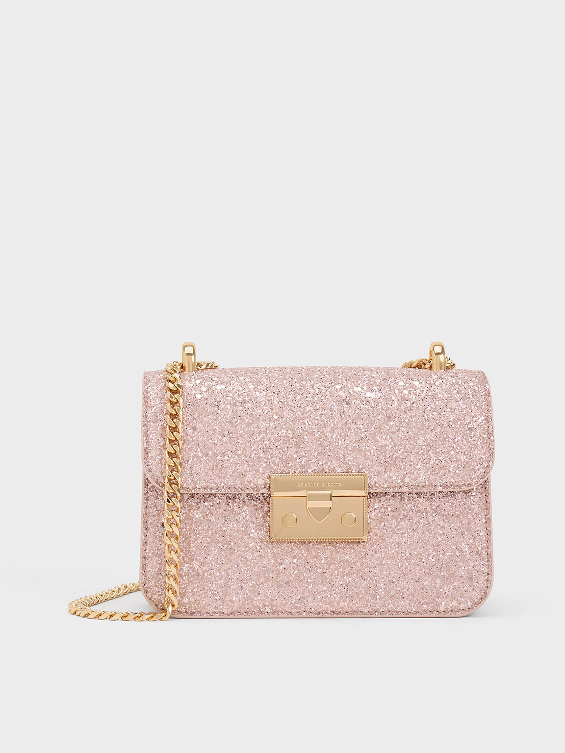 Bolso de glitter con asa de cadena y cierre de botón a presión - Rosado ...