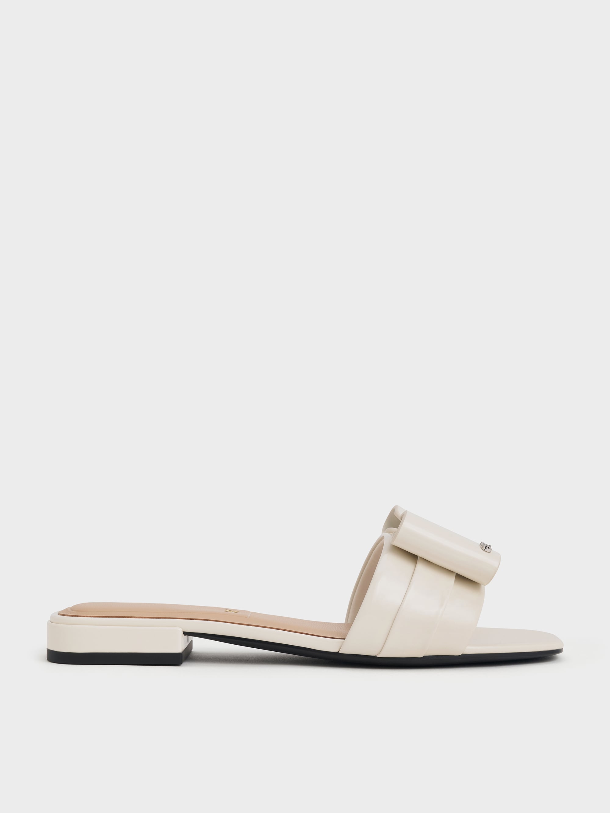 Chalk Lu Patent Leather Bow Slide Sandals - CHARLES & KEITH KH