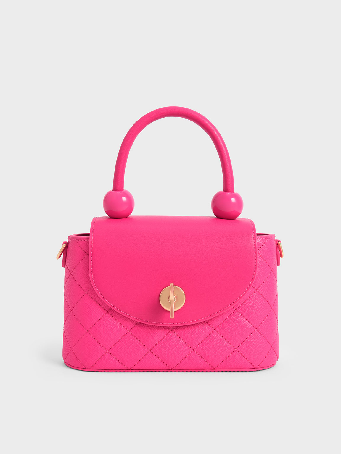Fuchsia Round Quilted Top Handle Bag - CHARLES & KEITH CO