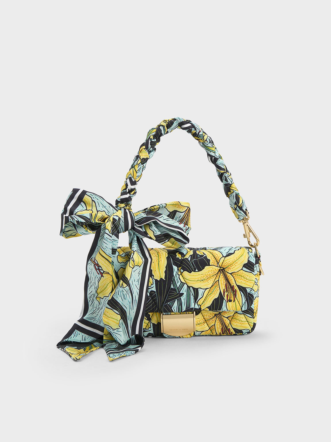 Blue Botanical Print Fabric Wrapped Handle Bag - CHARLES & KEITH AW