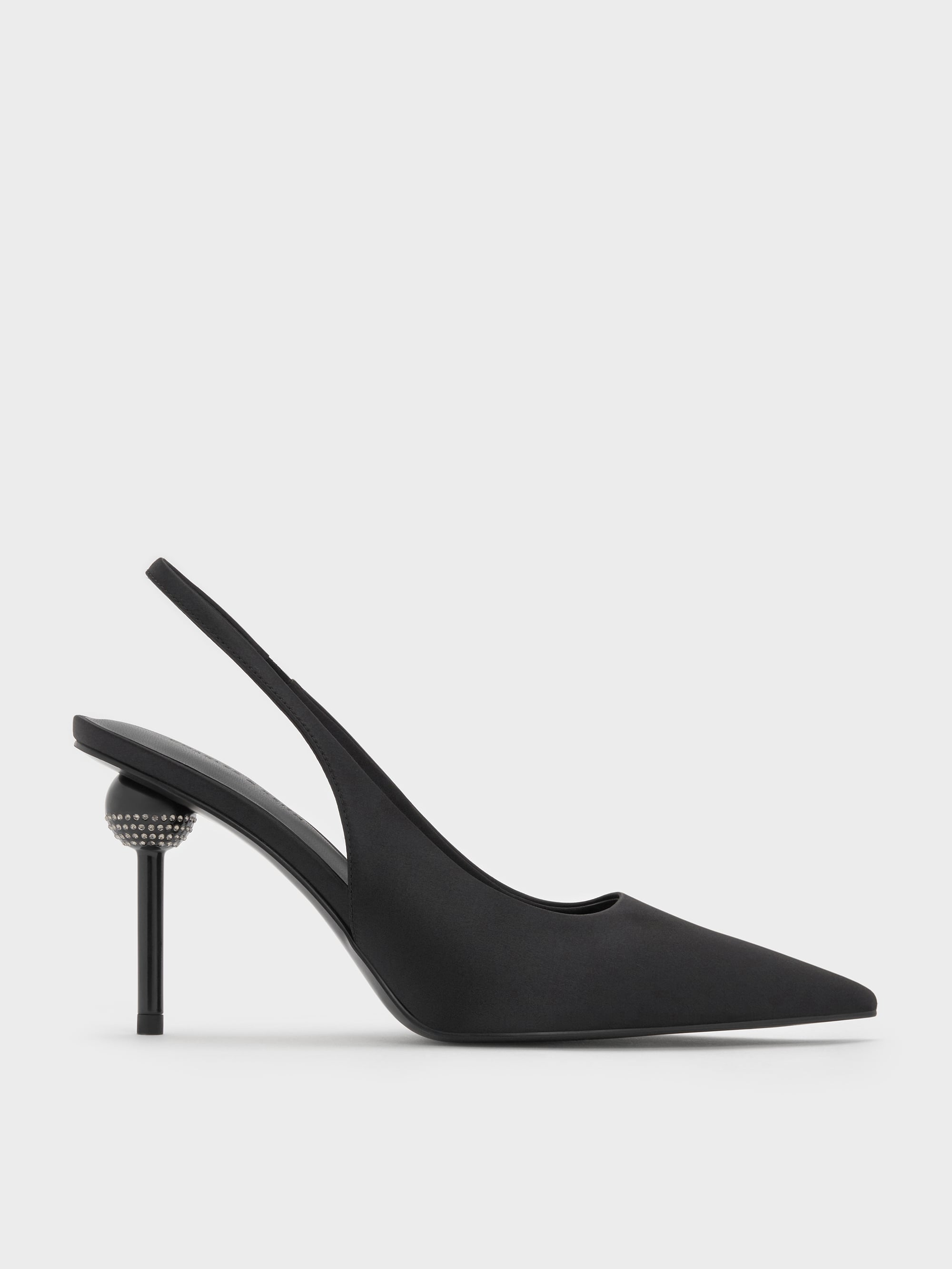 Satin Crystal Ball-Heel Slingback Pumps - Black Textured - CHARLES ...