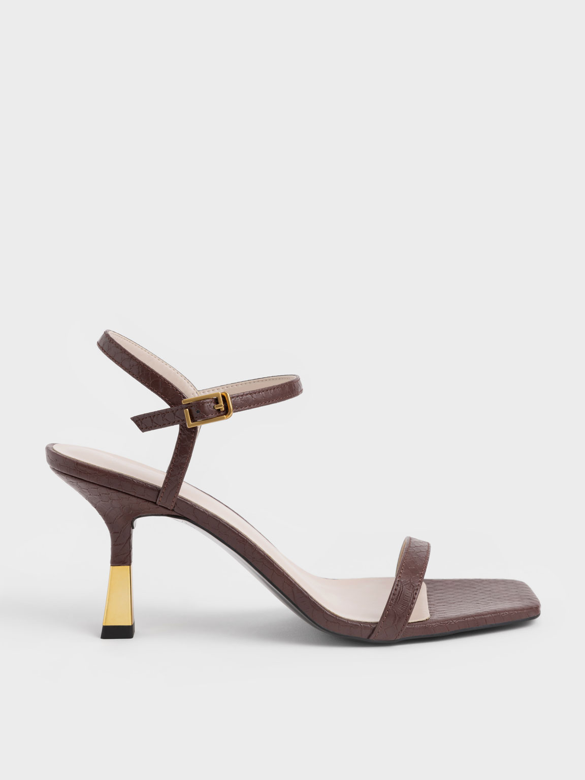 Brown Snake-Print Ankle-Strap Heeled Sandals - CHARLES & KEITH ...