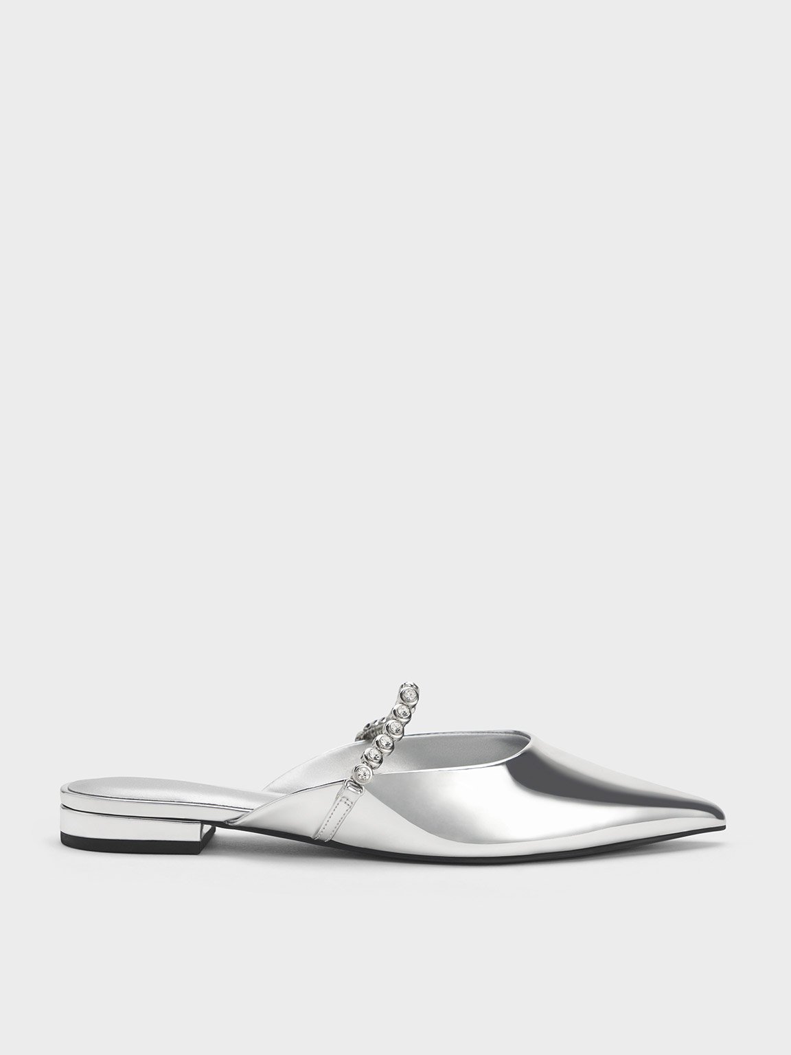 Silver Gem-Strap Metallic Flat Mules - CHARLES & KEITH SG