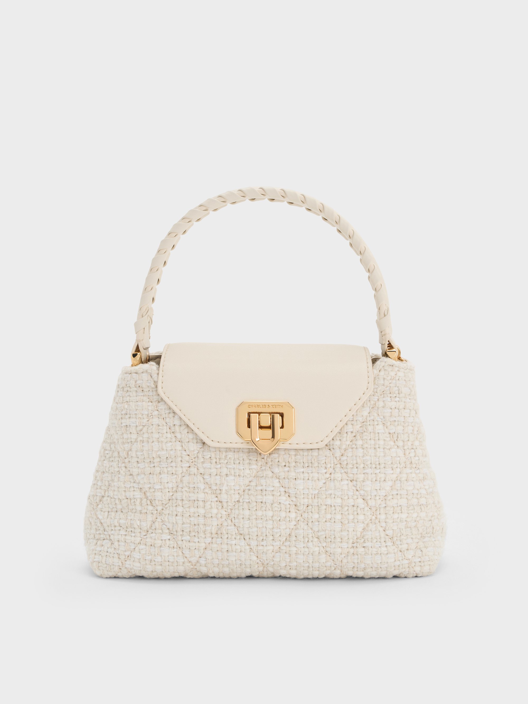 Cream Arwen Tweed Quilted Braided-Strap Top Handle Bag - CHARLES & KEITH PH