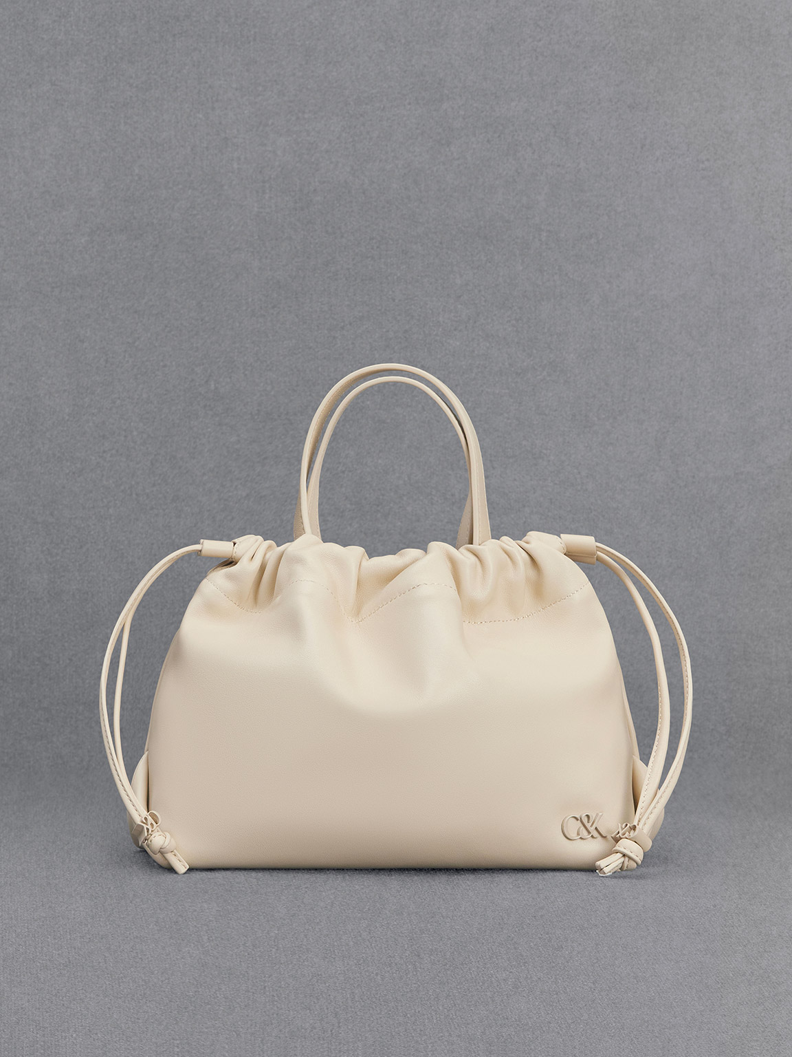 Chalk Leather Ruched Drawstring Bag - CHARLES & KEITH UY