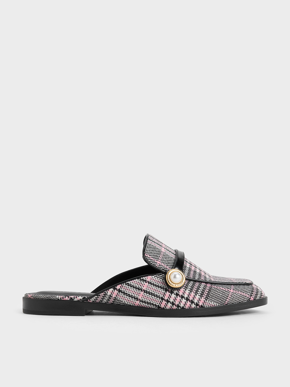 Pink Plaid Pearl-Embellished Loafer Mules - CHARLES & KEITH SG