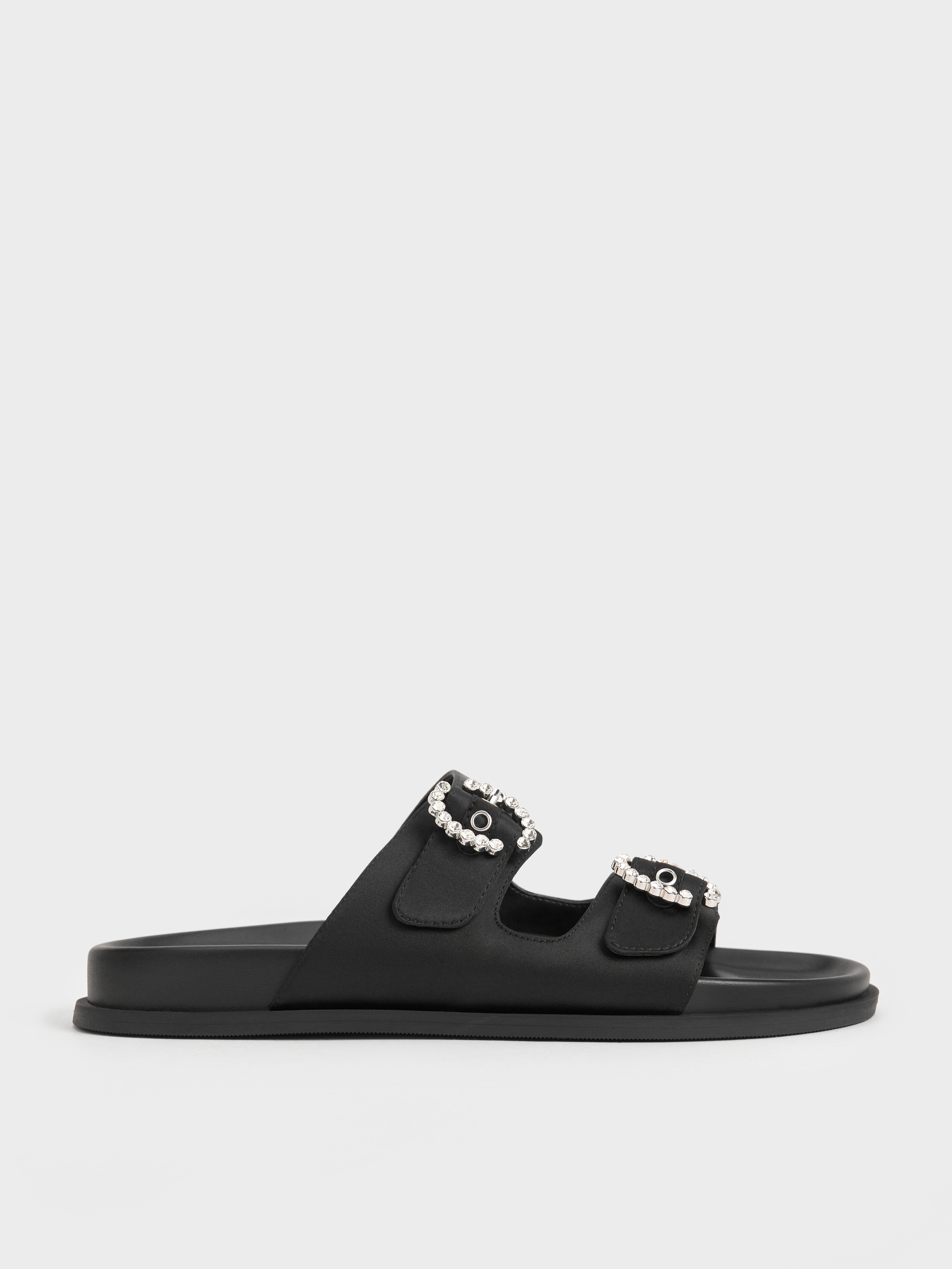 Black Recycled Polyester Embellished Buckle Sandals - CHARLES & KEITH SG