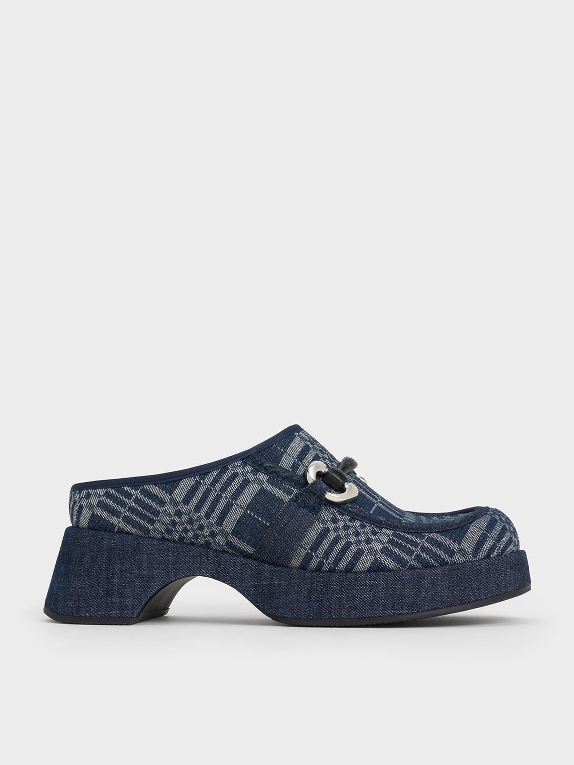 Dark Blue Denim Plaid Metallic Accent Platform Mules - CHARLES & KEITH MX