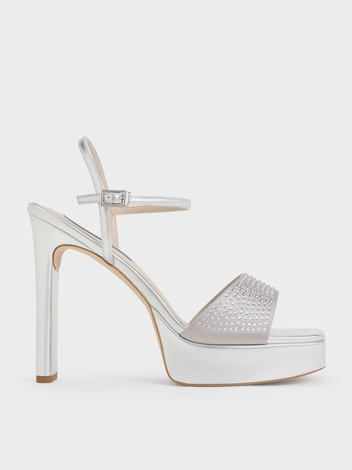 Silver Metallic Crystal-Embellished Platform Sandals - CHARLES & KEITH MX