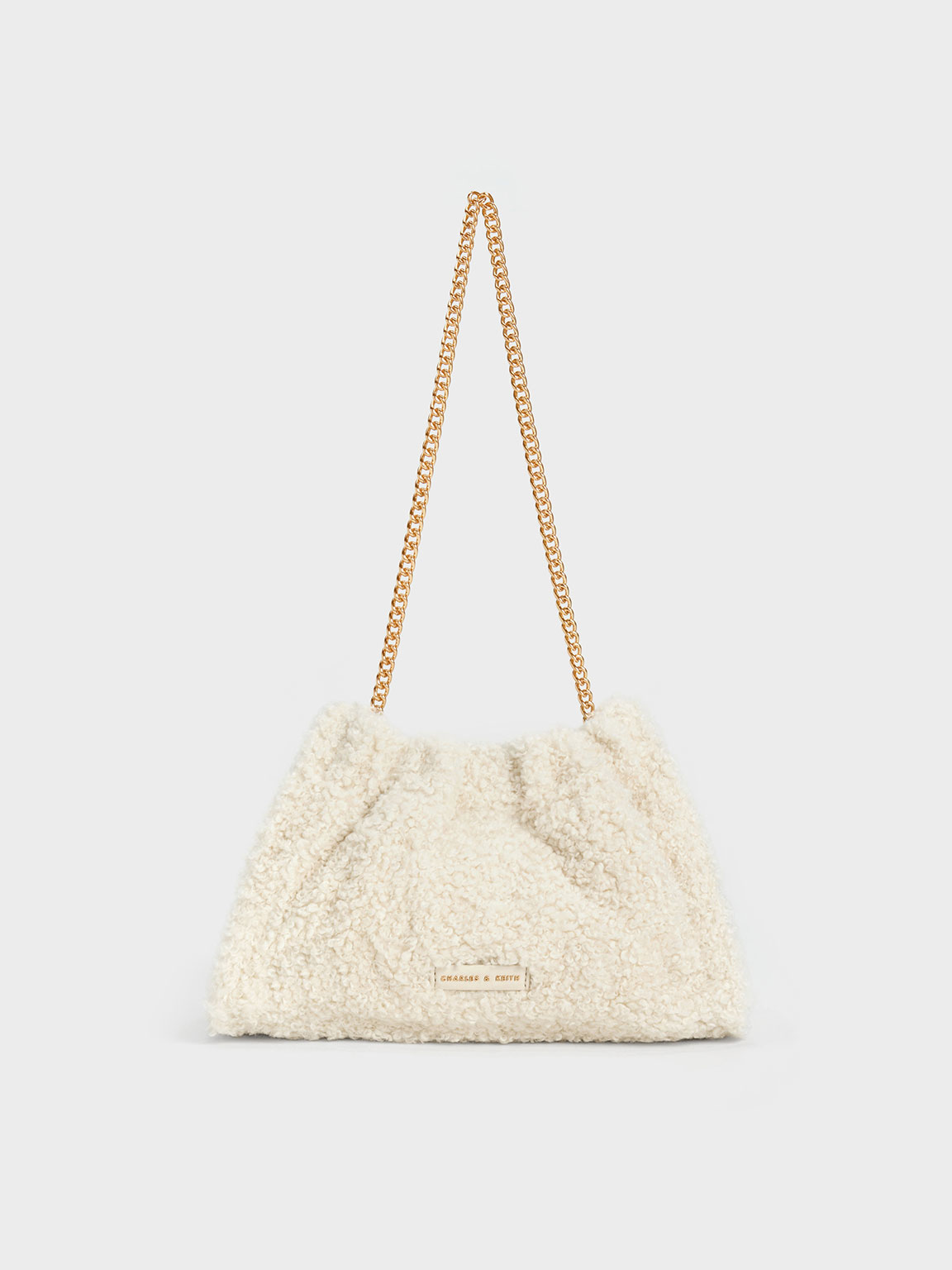 Cream Cyrus Furry Slouchy Chain-Handle Bag - CHARLES & KEITH MO