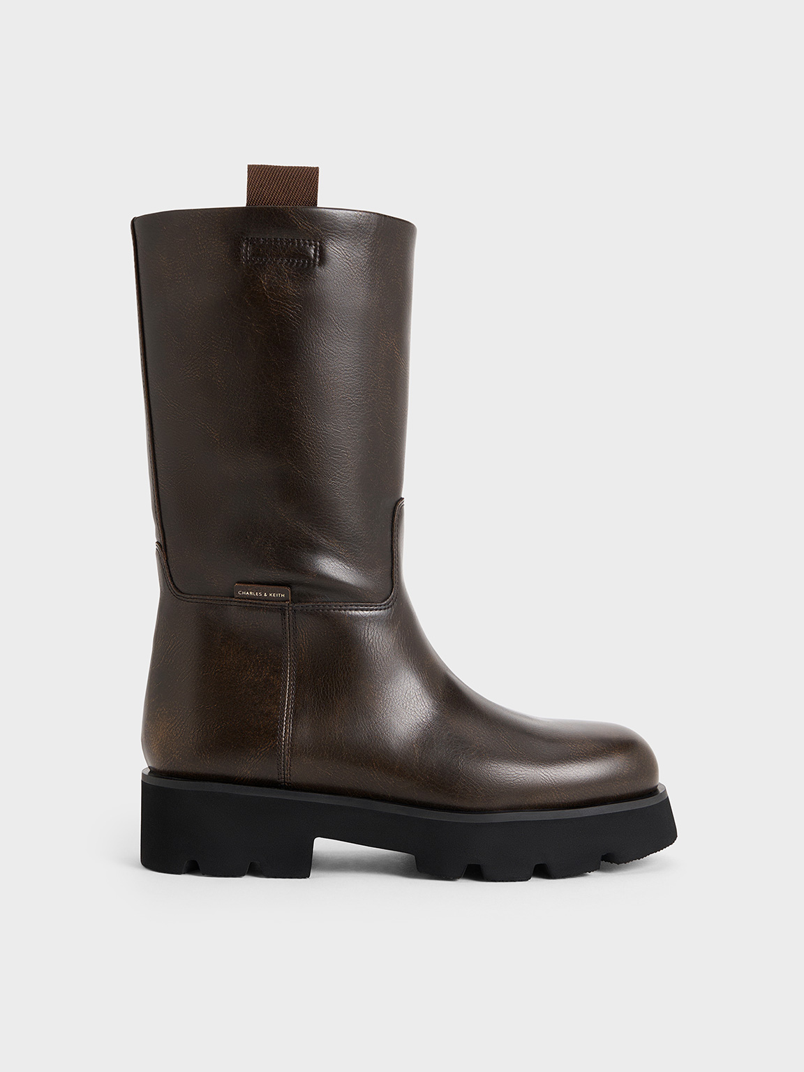 Dark Brown Double Pull-Tab Calf Boots - CHARLES & KEITH PH