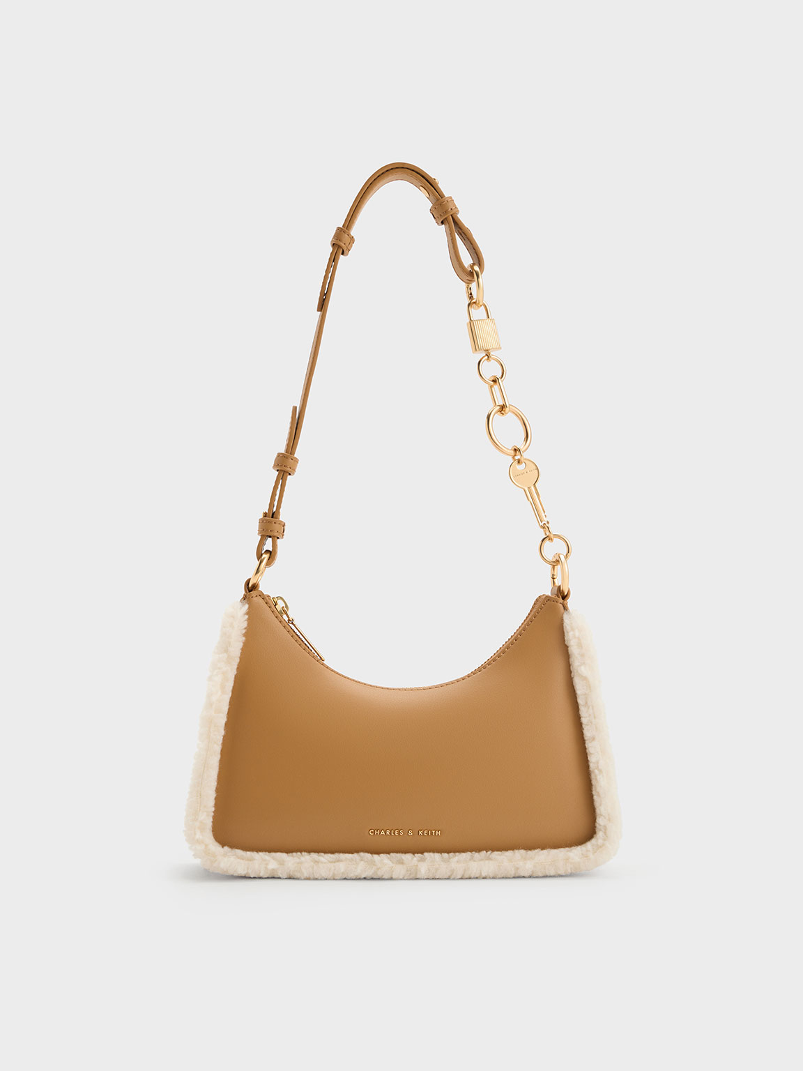 Camel Fur-Trim Lock & Key Chain Handle Bag - CHARLES & KEITH OM
