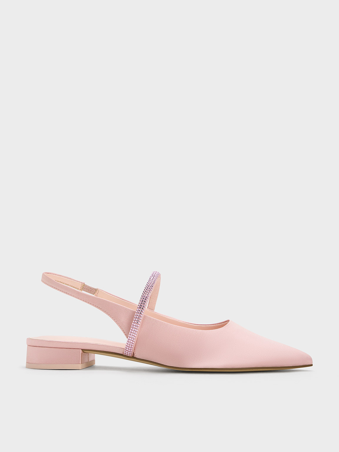 Light Pink Satin Crystal-Strap Pointed-Toe Slingback Flats - CHARLES ...