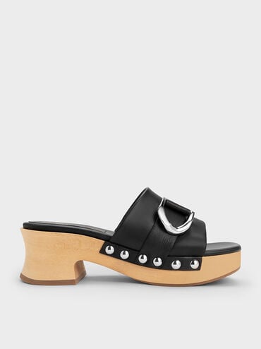 Black Gabine Studded Leather Open-Toe Clogs - CHARLES & KEITH US