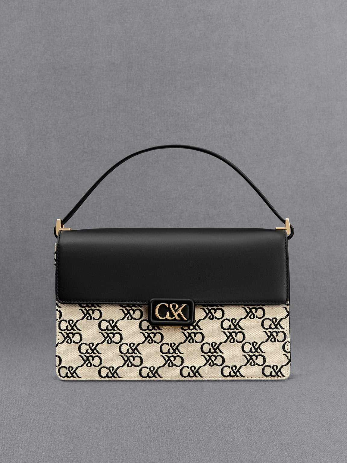 Black Leather & Canvas Monogram Shoulder Bag - CHARLES & KEITH BS