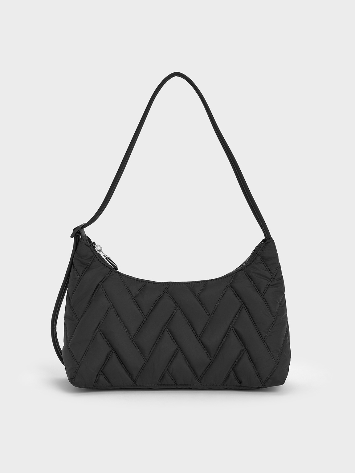 Jet Black Nylon Chevron Shoulder Bag - CHARLES & KEITH International