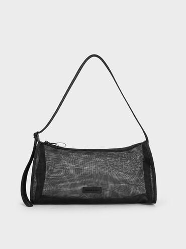 Jet Black Mesh Elongated Shoulder Bag - CHARLES & KEITH CO