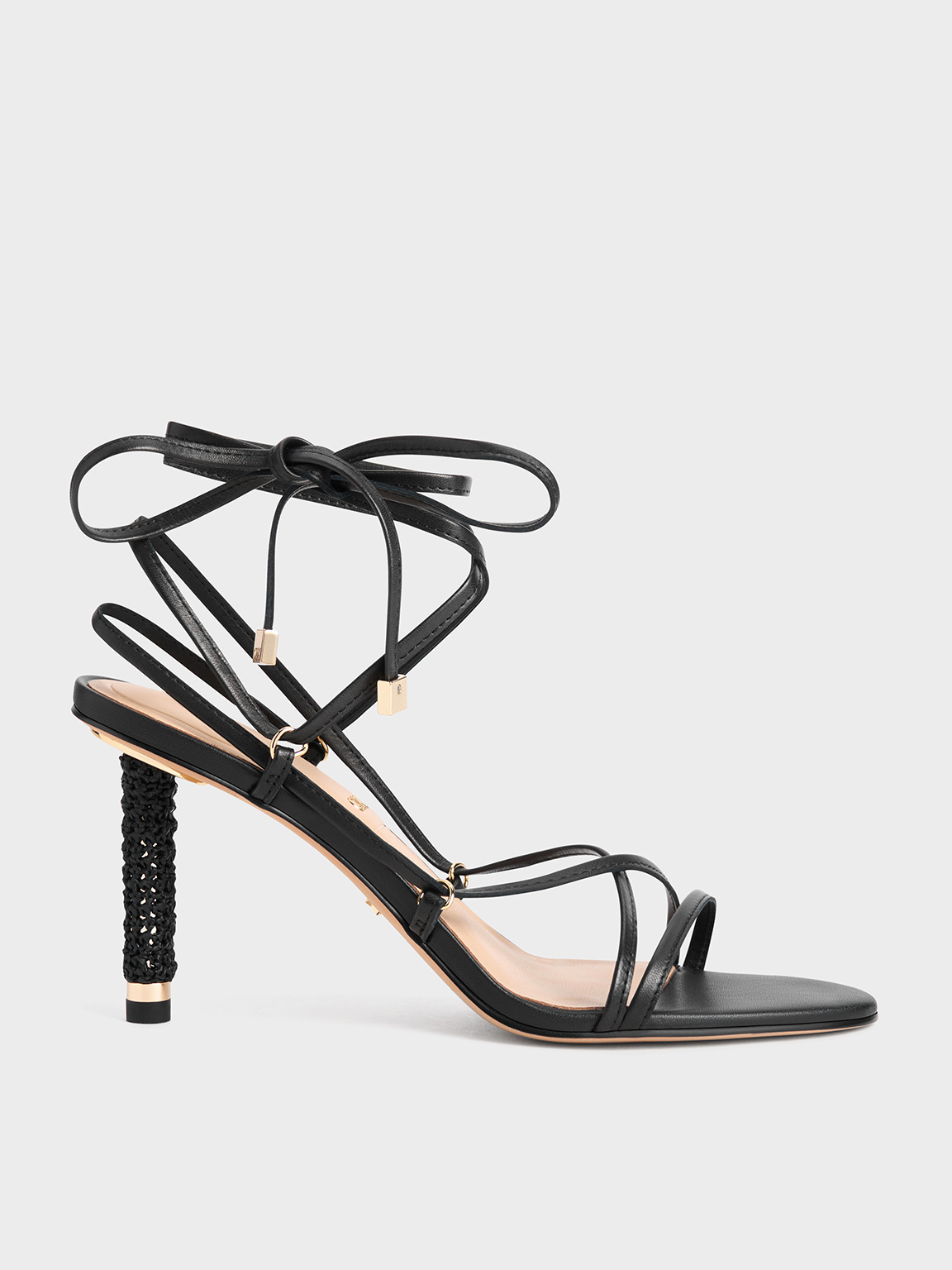 Black Strappy Woven-Heel Tie-Around Sandals - CHARLES & KEITH TW