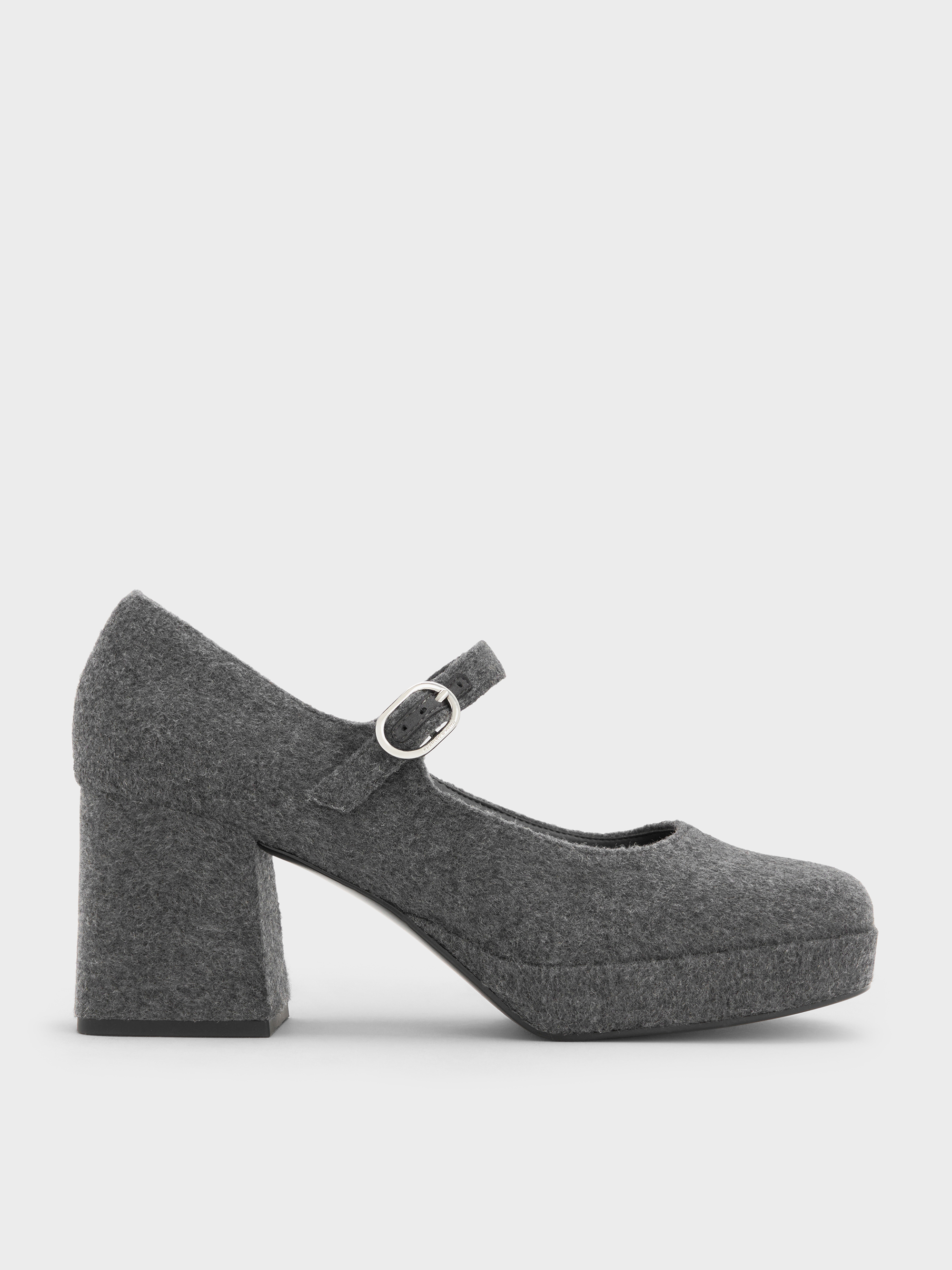 Grey Felt Platform Block-Heel Mary Jane Pumps - CHARLES & KEITH BR
