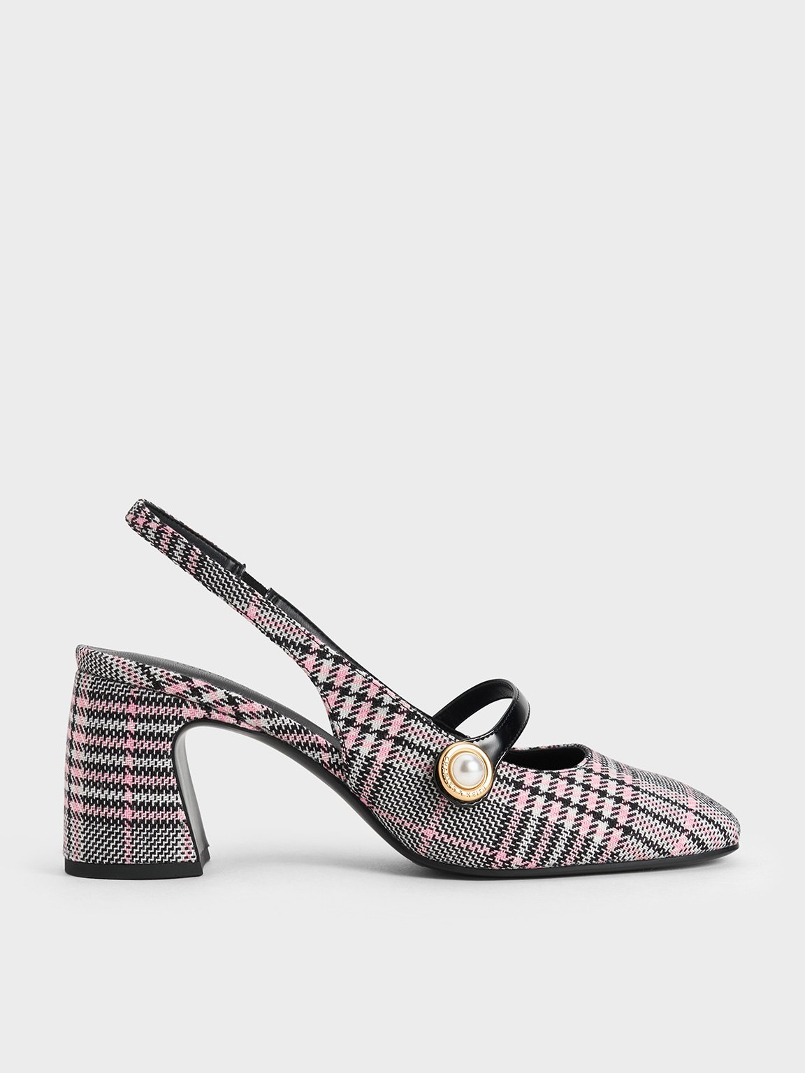 Pink Plaid Pearl-Accent Mary Jane Pumps - CHARLES & KEITH SG