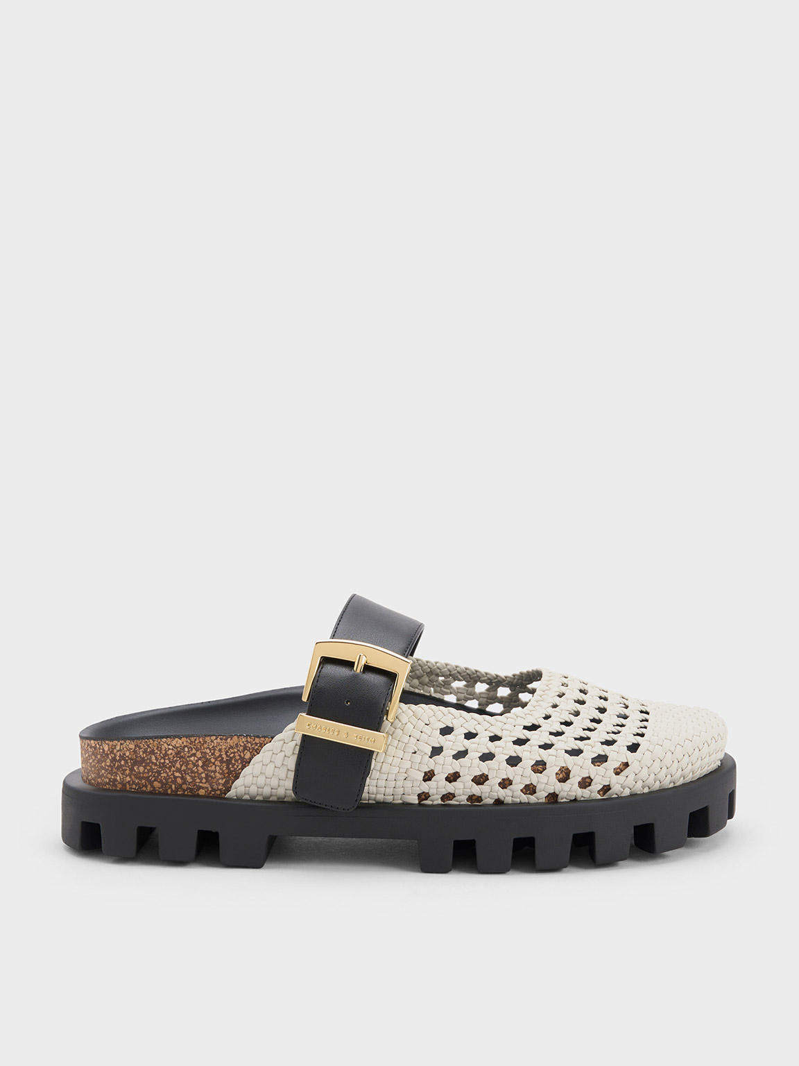 White Woven Buckled Flat Mules - CHARLES & KEITH KR