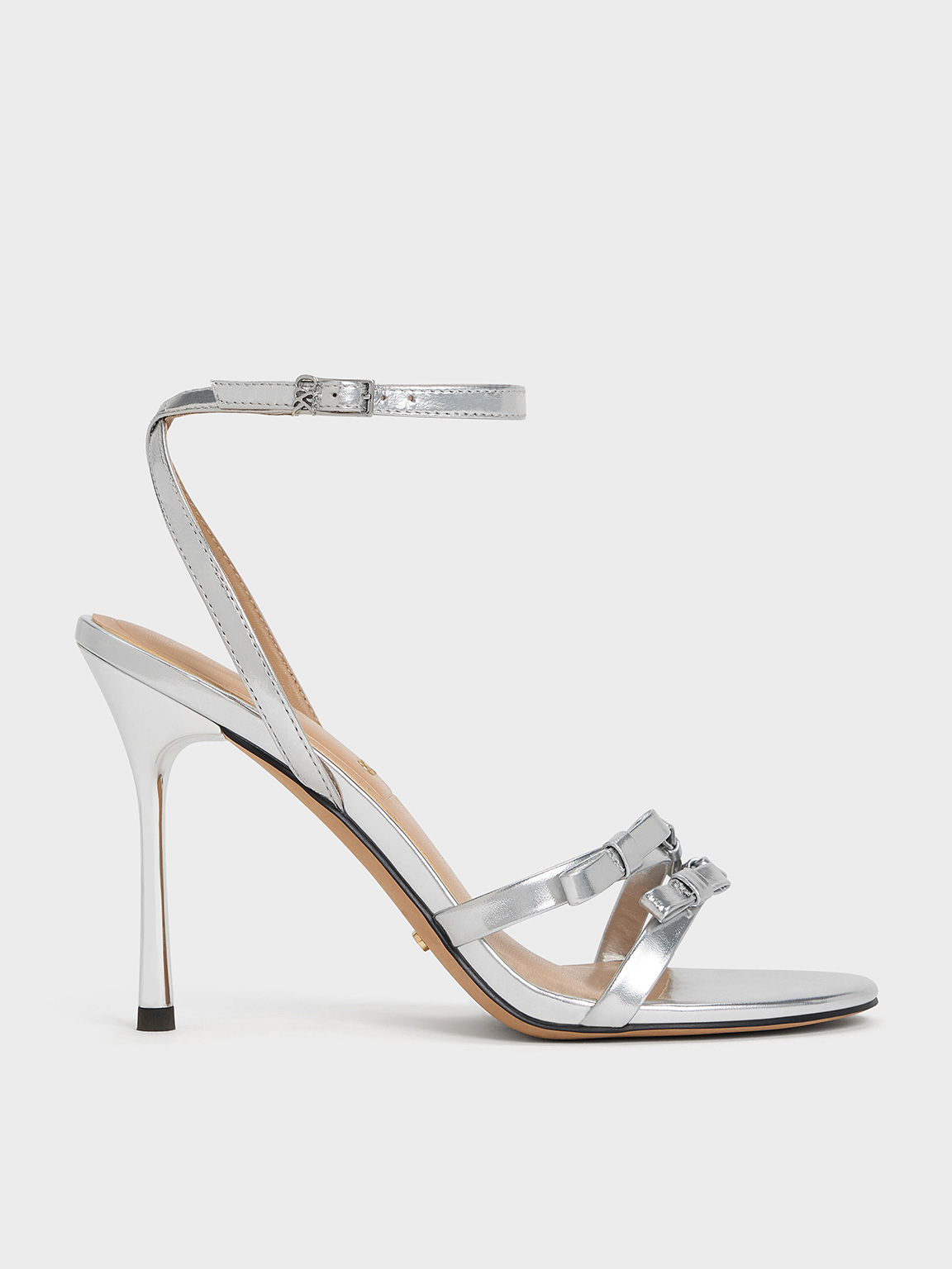 Silver Jessy Metallic Leather Bow Ankle-Strap Stiletto-Heel Sandals ...