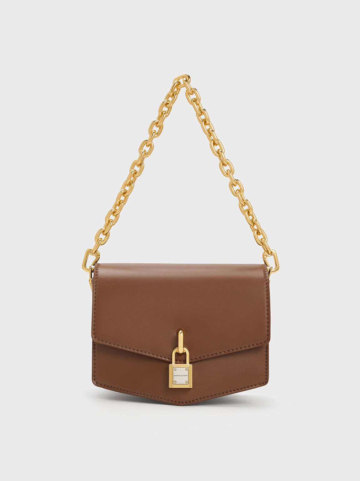 Chocolate Lock-Motif Geometric Crossbody Bag - CHARLES & KEITH CL