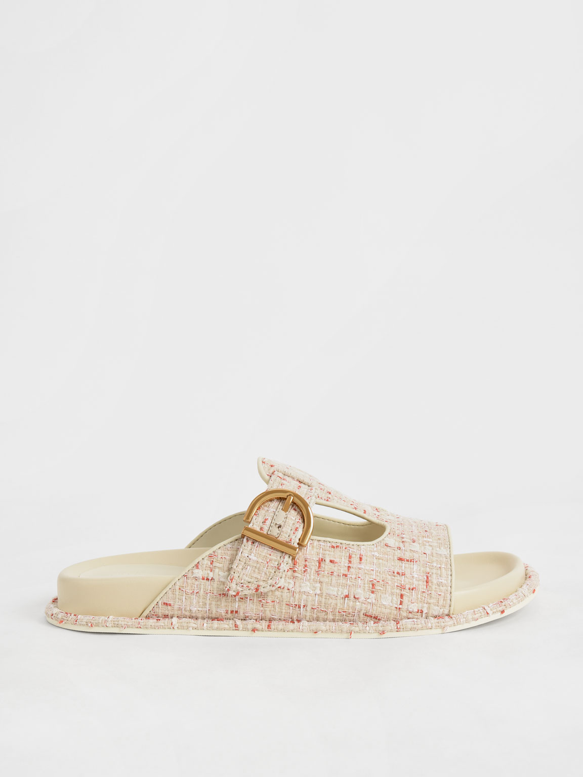 Cream Cut-Out Tweed Buckled Slides - CHARLES & KEITH HK